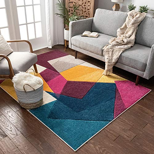 Well Woven Strata Squares Blue Purple Fuchsia Yellow Orange Modern Geometric Hand Carved 8x10 (7'10" x 9'10") Area Rug Easy to Clean Stain & Fade Resistant Thick Soft Plush