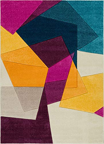 Well Woven Strata Squares Blue Purple Fuchsia Yellow Orange Modern Geometric Hand Carved 8x10 (7'10" x 9'10") Area Rug Easy to Clean Stain & Fade Resistant Thick Soft Plush