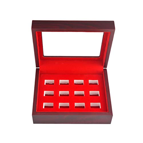 JunningGor 12 Holes Championship Big Heavy Ring Display Case Wooden Jewelry Box Red Velvet Inside (Red)