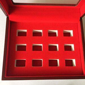 JunningGor 12 Holes Championship Big Heavy Ring Display Case Wooden Jewelry Box Red Velvet Inside (Red)