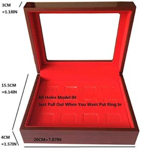 JunningGor 12 Holes Championship Big Heavy Ring Display Case Wooden Jewelry Box Red Velvet Inside (Red)