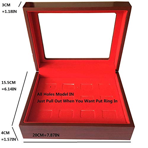 JunningGor 12 Holes Championship Big Heavy Ring Display Case Wooden Jewelry Box Red Velvet Inside (Red)