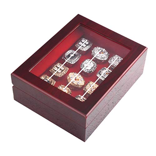 JunningGor 12 Holes Championship Big Heavy Ring Display Case Wooden Jewelry Box Red Velvet Inside (Red)