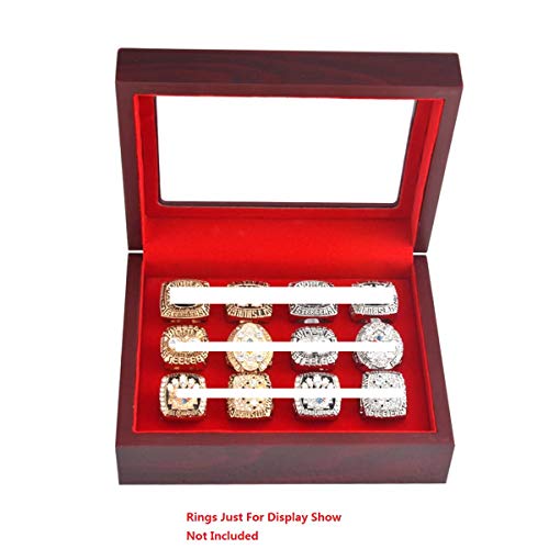 JunningGor 12 Holes Championship Big Heavy Ring Display Case Wooden Jewelry Box Red Velvet Inside (Red)