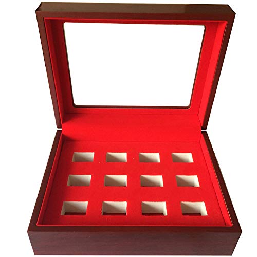 JunningGor 12 Holes Championship Big Heavy Ring Display Case Wooden Jewelry Box Red Velvet Inside (Red)