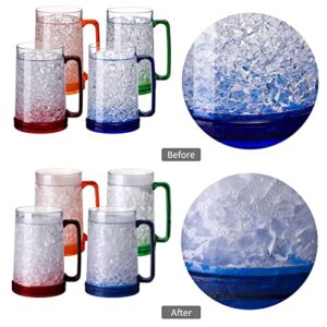 EASICOZI Double Wall Gel Frosty Freezer Ice Mugs Clear 16oz Set of 4 (Blue, Red, Orange and Green)