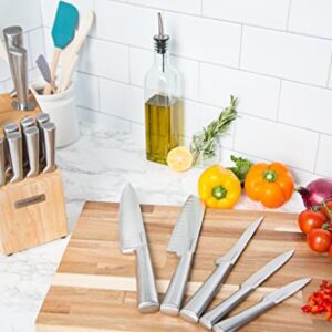 Knife Block Set - 17 Pieces - Includes Solid Wood Block, 6 Stainless Steel Kitchen Knives, Set of 8 Serrated Steak Knives, Heavy Duty Poultry Shears, and a Carbon Steel Sharpening Rod