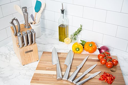 Knife Block Set - 17 Pieces - Includes Solid Wood Block, 6 Stainless Steel Kitchen Knives, Set of 8 Serrated Steak Knives, Heavy Duty Poultry Shears, and a Carbon Steel Sharpening Rod