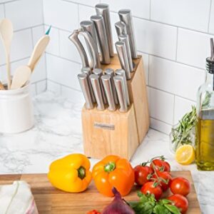 Knife Block Set - 17 Pieces - Includes Solid Wood Block, 6 Stainless Steel Kitchen Knives, Set of 8 Serrated Steak Knives, Heavy Duty Poultry Shears, and a Carbon Steel Sharpening Rod