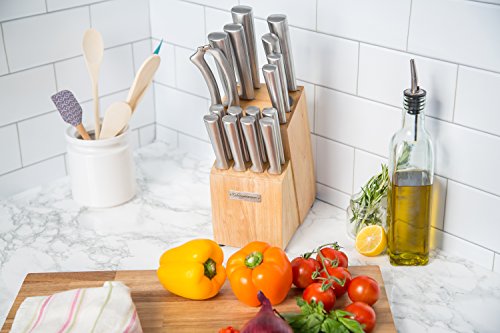 Knife Block Set - 17 Pieces - Includes Solid Wood Block, 6 Stainless Steel Kitchen Knives, Set of 8 Serrated Steak Knives, Heavy Duty Poultry Shears, and a Carbon Steel Sharpening Rod