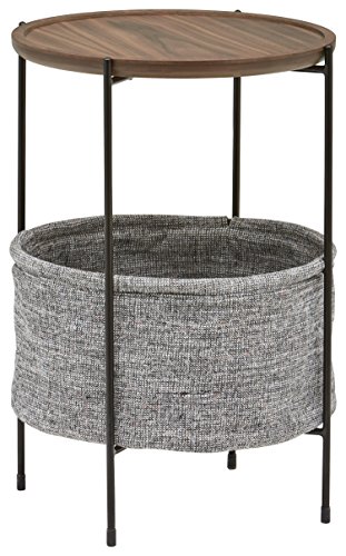 Amazon Brand – Rivet Meeks Round Side Table with Fabric Storage Basket, 24"H, Walnut and Grey