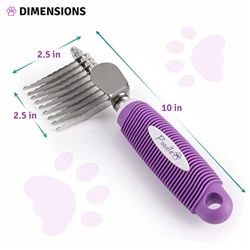 Poodle Pet Dematting Fur Rake Comb Brush Tool - Dog and Cat Comb with Long 2.5 Inches Steel Safety Blades for Detangling Matted or Knotted Undercoat Hair