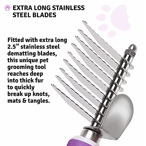 Poodle Pet Dematting Fur Rake Comb Brush Tool - Dog and Cat Comb with Long 2.5 Inches Steel Safety Blades for Detangling Matted or Knotted Undercoat Hair