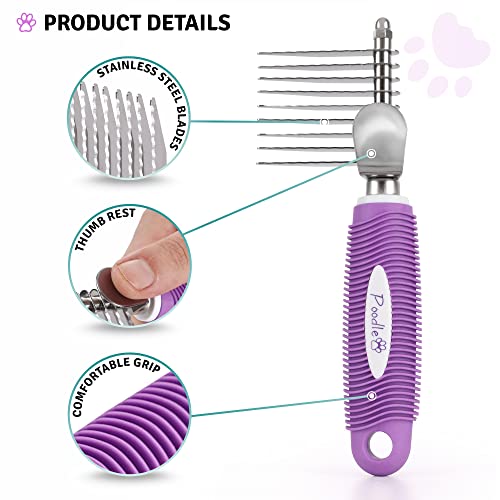 Poodle Pet Dematting Fur Rake Comb Brush Tool - Dog and Cat Comb with Long 2.5 Inches Steel Safety Blades for Detangling Matted or Knotted Undercoat Hair