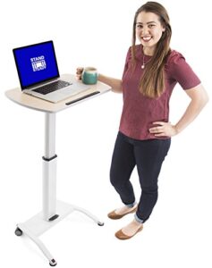 stand steady tilting mobile podium | height adjustable laptop stand with wheels and tilting desktop | mobile workstation & portable standing desk | rolling laptop table for office & home (maple print)