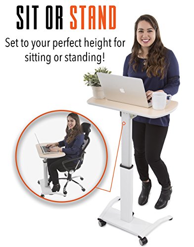 Stand Steady Tilting Mobile Podium | Height Adjustable Laptop Stand with Wheels and Tilting Desktop | Mobile Workstation & Portable Standing Desk | Rolling Laptop Table for Office & Home (Maple Print)