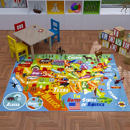 KC Cubs Playtime Collection USA United States Map Educational Learning & Game Area Rug Carpet for Kids and Children Bedrooms and Playroom (3'3" x 4'7")