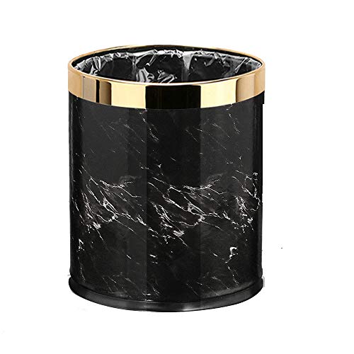 Luxury Metal Waste Bin with Leather Cover,Open Top Office Wastebasket,Double Layer Trash Can,Round Shaped (Black Marble w/ Gold Ring)