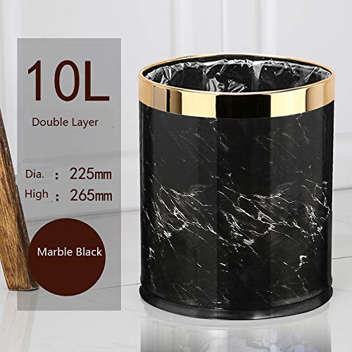 Luxury Metal Waste Bin with Leather Cover,Open Top Office Wastebasket,Double Layer Trash Can,Round Shaped (Black Marble w/ Gold Ring)