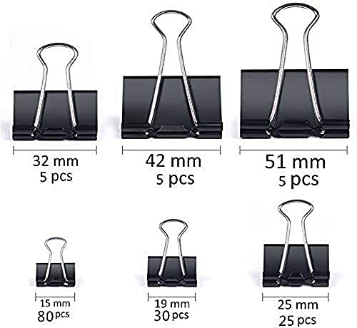 150Pcs Large Binder Clips 6 Assorted Sizes Paper Clamps Clip for Paper Metal Clip Office School Home Supplies (Black)