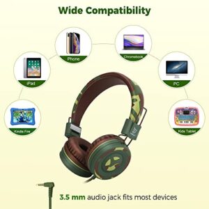 Yomuse C89 Kids Headphones, Wired Headphone with Microphone, On Ear Headphone with Adjustable, Foldable Headphones for School Travel Children Girls Boys Adults (Camo Green)