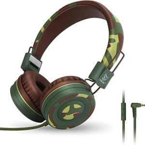 Yomuse C89 Kids Headphones, Wired Headphone with Microphone, On Ear Headphone with Adjustable, Foldable Headphones for School Travel Children Girls Boys Adults (Camo Green)