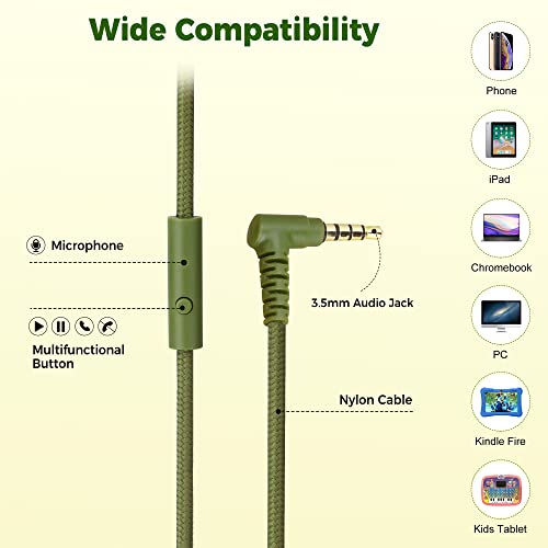 Yomuse C89 Kids Headphones, Wired Headphone with Microphone, On Ear Headphone with Adjustable, Foldable Headphones for School Travel Children Girls Boys Adults (Camo Green)