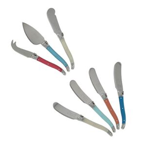 laguiole 7-piece cheese knife set (coral & turquoise) stainless steel cheese knives set, cheese spreader & butter knife spreader, luxurious cheese board utensils & charcuterie knife set for parties