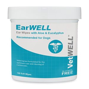 vetwell dog ear wipes - otic cleaning wipes for infections and controlling ear infections and ear odor in pets - earwell 100 count