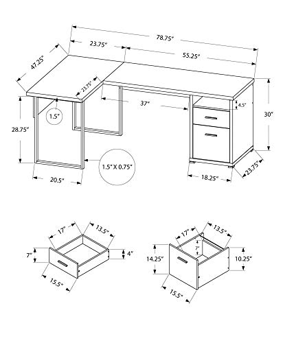 Monarch Specialties I 7255 Computer Desk, Home Office, Corner, Left, Right Set-up, Storage Drawers, 80"L, L Shape, Work, Laptop, Metal, Laminate, Brown, Grey