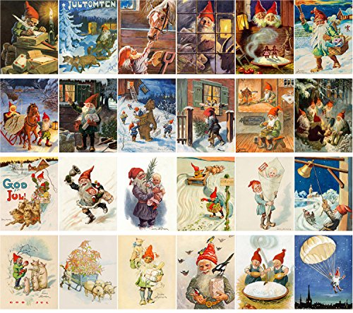 PIXILUV Vintage PostCards 24 pcs Christmas Dwarves Vintage Illustrations by Jenny Nystrom