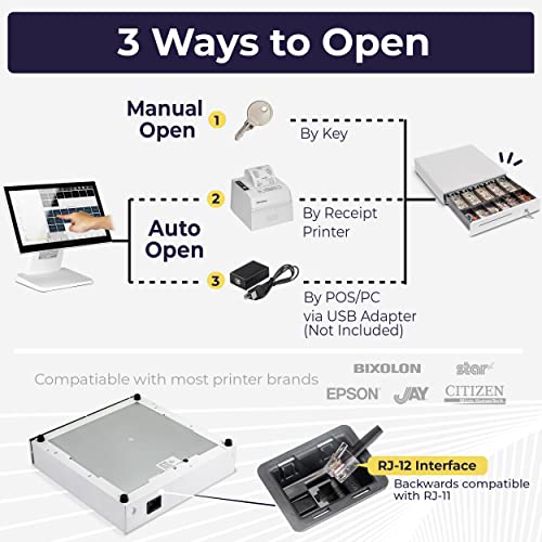 Cash Register Drawer for Point of Sale (POS) System with Removable Coin Tray, 5 Bill/6 Coin, 24V, RJ11/RJ12 Key-Lock, Media Slot, White