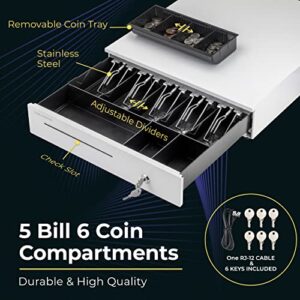 Cash Register Drawer for Point of Sale (POS) System with Removable Coin Tray, 5 Bill/6 Coin, 24V, RJ11/RJ12 Key-Lock, Media Slot, White