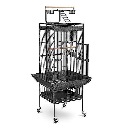 SUPER DEAL PRO 61-inch 2in1 Large Bird Cage with Rolling Stand Playtop Parrot Chinchilla Finch Cage Macaw Conure Cockatiel Cockatoo Pet House Wrought Iron Birdcage, Black