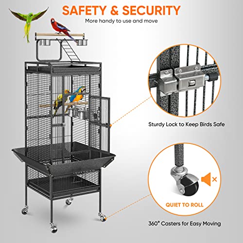 SUPER DEAL PRO 61-inch 2in1 Large Bird Cage with Rolling Stand Playtop Parrot Chinchilla Finch Cage Macaw Conure Cockatiel Cockatoo Pet House Wrought Iron Birdcage, Black