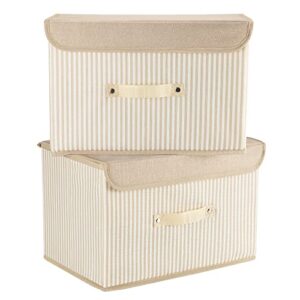 mee'life storage bins with lids 2 pack, closet organizers and storage containers collapsible storage cubes large toy storage boxes linen fabric storage baskets for clothes toys blanket - beige stripes