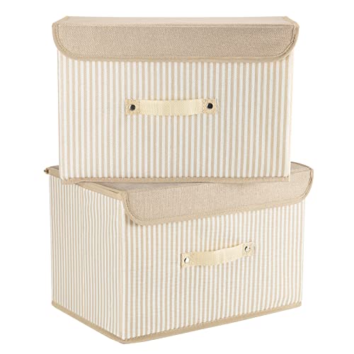 mee'life Storage Bins with Lids 2 Pack, Closet Organizers and Storage Containers Collapsible Storage Cubes Large Toy Storage Boxes Linen Fabric Storage Baskets for Clothes Toys Blanket - Beige Stripes