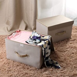 mee'life Storage Bins with Lids 2 Pack, Closet Organizers and Storage Containers Collapsible Storage Cubes Large Toy Storage Boxes Linen Fabric Storage Baskets for Clothes Toys Blanket - Beige Stripes