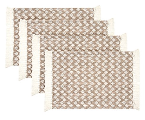 Placemats Set of 4, Woven Cloth Placemat Set, 14x19 in, Tan Boho Place Mats for Kitchen or Dining Table, Washable Cotton Table Mats