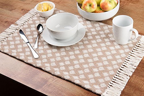 Placemats Set of 4, Woven Cloth Placemat Set, 14x19 in, Tan Boho Place Mats for Kitchen or Dining Table, Washable Cotton Table Mats