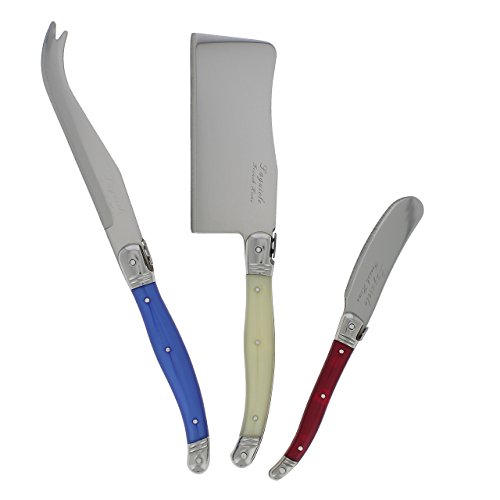 Laguiole Connoisseur Cheese Knife Set of 3 – Stainless Steel Cheese Knives Set – Cheese Spreader, Spear & Cleaver Knife – Luxurious Charcuterie Accessories for Parties (3-Piece, Red/White/Blue)