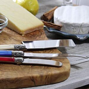 Laguiole Connoisseur Cheese Knife Set of 3 – Stainless Steel Cheese Knives Set – Cheese Spreader, Spear & Cleaver Knife – Luxurious Charcuterie Accessories for Parties (3-Piece, Red/White/Blue)