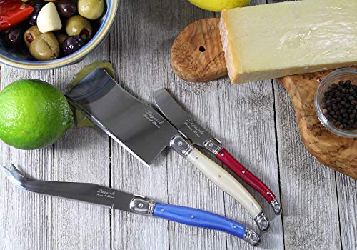 Laguiole Connoisseur Cheese Knife Set of 3 – Stainless Steel Cheese Knives Set – Cheese Spreader, Spear & Cleaver Knife – Luxurious Charcuterie Accessories for Parties (3-Piece, Red/White/Blue)