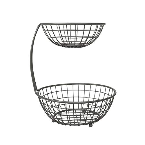 Spectrum Diversified Grid Arched 2-Tier Basket Server Bowls for Storage Organization and Display of Produce Vegetables and Fruit, Industrial Gray, Medium