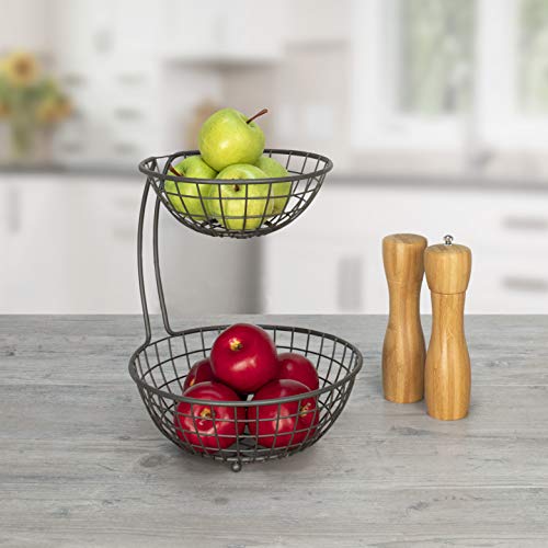 Spectrum Diversified Grid Arched 2-Tier Basket Server Bowls for Storage Organization and Display of Produce Vegetables and Fruit, Industrial Gray, Medium