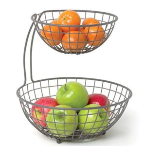 Spectrum Diversified Grid Arched 2-Tier Basket Server Bowls for Storage Organization and Display of Produce Vegetables and Fruit, Industrial Gray, Medium