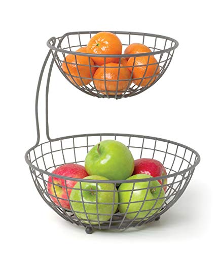 Spectrum Diversified Grid Arched 2-Tier Basket Server Bowls for Storage Organization and Display of Produce Vegetables and Fruit, Industrial Gray, Medium