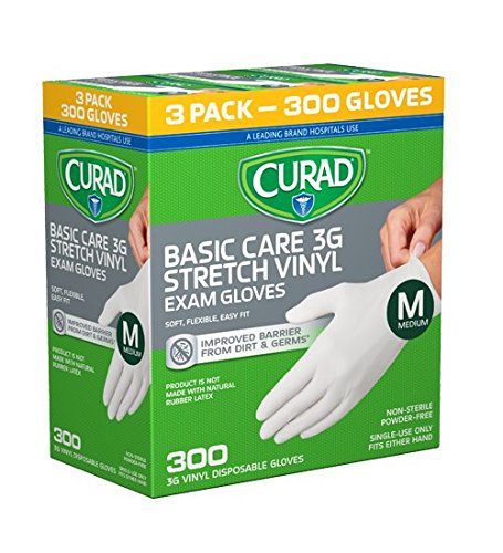 Curad Basic Care 3G Stretch Vinyl Exam Gloves, Powder Free, Medium, 100 Count (Pack of 3)