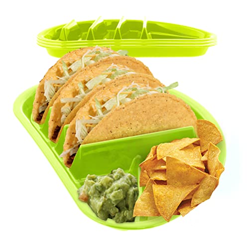 Fiesta Taco Plate by Arrow Home Products, 4 Pack - Each Plate Includes 3 Taco Holders Plus 2 Compartments - BPA Free Plastic, Made in the USA, Dishwasher Safe - Lime Green