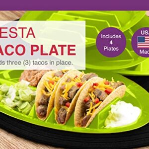 Fiesta Taco Plate by Arrow Home Products, 4 Pack - Each Plate Includes 3 Taco Holders Plus 2 Compartments - BPA Free Plastic, Made in the USA, Dishwasher Safe - Lime Green